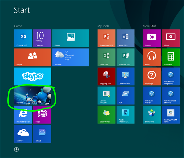 What Is This? Windows Basics: Windows 8.1® Start (Tile) View - locate your Desktop tile